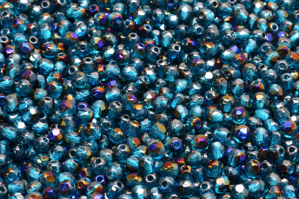 3mm Czech Fire Polish Beads, Capri Blue Iris, 50 pieces