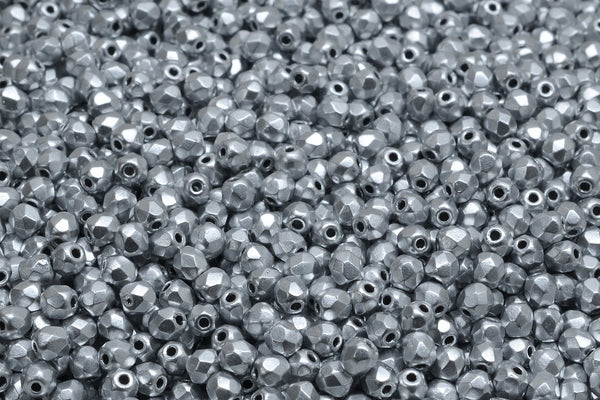 3mm Czech Fire Polish Round Bead, Silver Aluminum Matte, 50 pieces